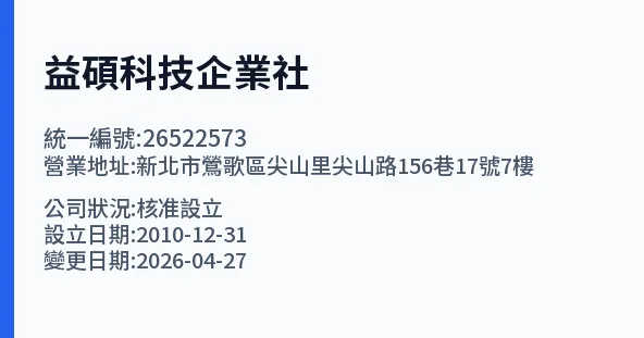 益碩科技企業社的照片-統編 26522573(新北市) 公司登記資料與營業項目詳細圖表