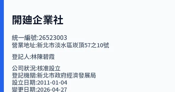 開廸企業社的照片-統編 26523003(新北市) 公司登記資料與營業項目詳細圖表