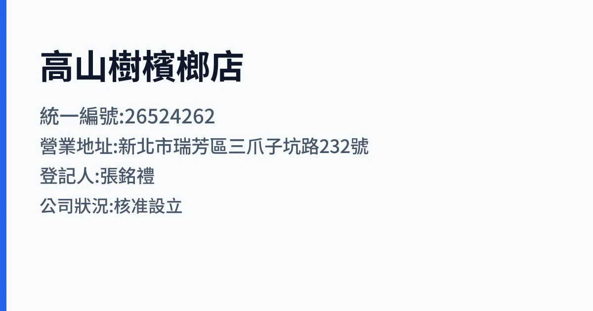 高山樹檳榔店 - 統編 26524262(新北市) 公司登記資料與營業項目詳細圖表