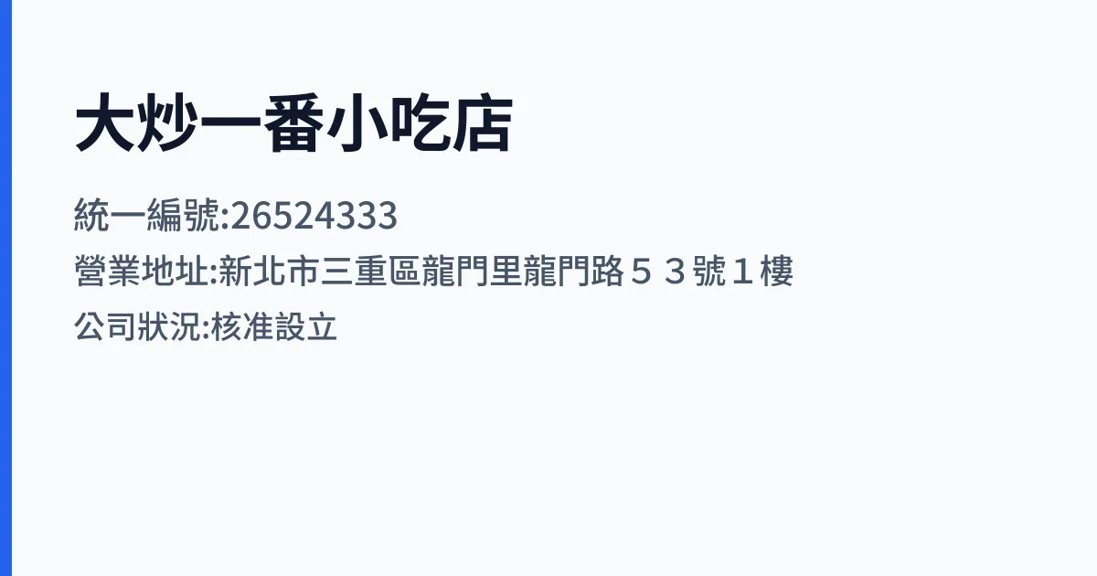 大炒一番小吃店 - 統編 26524333(新北市) 公司登記資料與營業項目詳細圖表