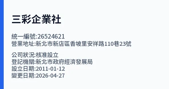 三彩企業社的照片-統編 26524621(新北市) 公司登記資料與營業項目詳細圖表