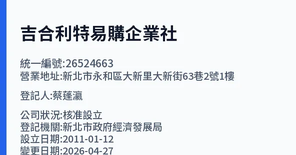 吉合利特易購企業社的照片-統編 26524663(新北市) 公司登記資料與營業項目詳細圖表
