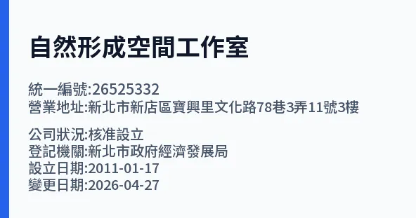 自然形成空間工作室的照片-統編 26525332(新北市) 公司登記資料與營業項目詳細圖表