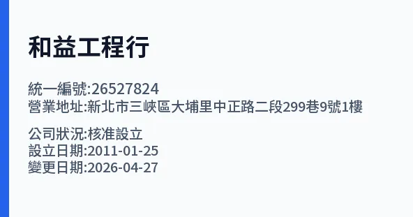 和益工程行的照片-統編 26527824(新北市) 公司登記資料與營業項目詳細圖表