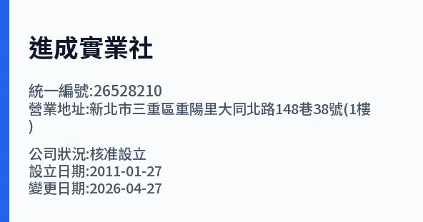 進成實業社的照片-統編 26528210(新北市) 公司登記資料與營業項目詳細圖表