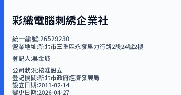 彩織電腦刺綉企業社的照片-統編 26529230(新北市) 公司登記資料與營業項目詳細圖表