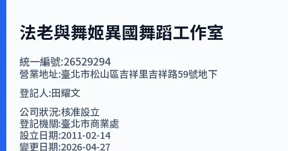 法老與舞姬異國舞蹈工作室的照片-統編 26529294(臺北市) 公司登記資料與營業項目詳細圖表