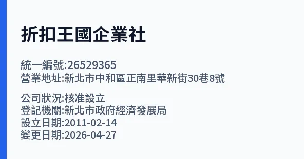 折扣王國企業社的照片-統編 26529365(新北市) 公司登記資料與營業項目詳細圖表