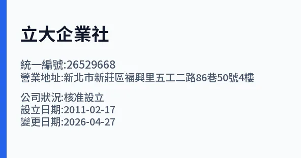 立大企業社的照片-統編 26529668(新北市) 公司登記資料與營業項目詳細圖表