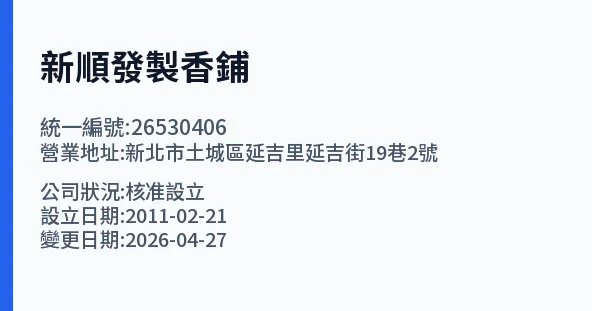 新順發製香鋪的照片-統編 26530406(新北市) 公司登記資料與營業項目詳細圖表