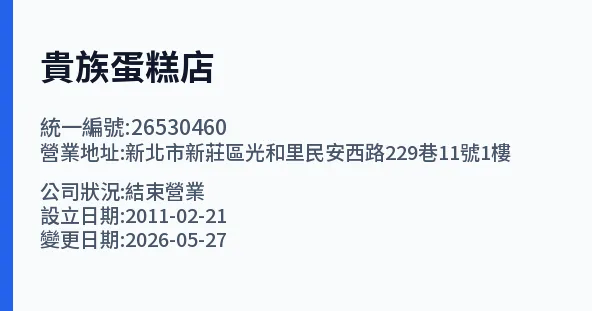 貴族蛋糕店的照片-統編 26530460(新北市) 公司登記資料與營業項目詳細圖表