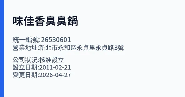 味佳香臭臭鍋的照片-統編 26530601(新北市) 公司登記資料與營業項目詳細圖表