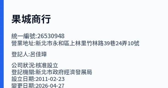 果城商行的照片-統編 26530948(新北市) 公司登記資料與營業項目詳細圖表