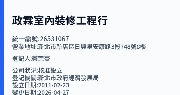 政霖室內裝修工程行的照片-統編 26531067(新北市) 公司登記資料與營業項目詳細圖表