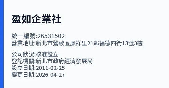 盈如企業社的照片-統編 26531502(新北市) 公司登記資料與營業項目詳細圖表