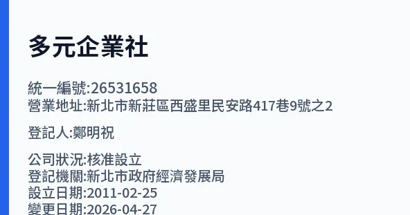 多元企業社的照片-統編 26531658(新北市) 公司登記資料與營業項目詳細圖表