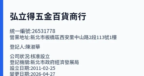 弘立得五金百貨商行的照片-統編 26531778(新北市) 公司登記資料與營業項目詳細圖表