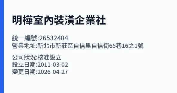 明樺室內裝潢企業社的照片-統編 26532404(新北市) 公司登記資料與營業項目詳細圖表