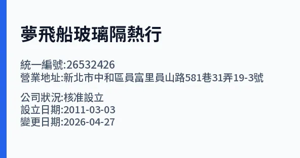 夢飛船玻璃隔熱行的照片-統編 26532426(新北市) 公司登記資料與營業項目詳細圖表