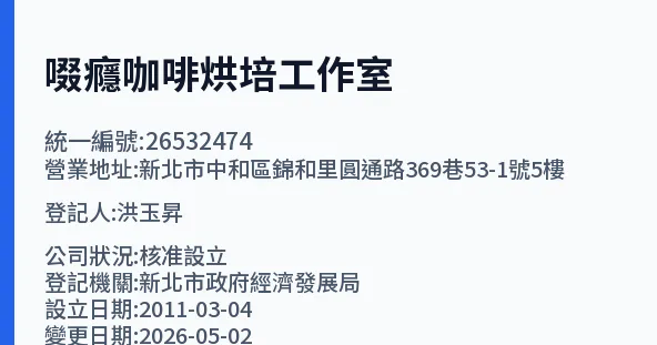 啜癮咖啡烘培工作室的照片-統編 26532474(新北市) 公司登記資料與營業項目詳細圖表
