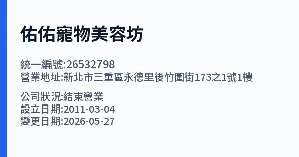 佑佑寵物美容坊的照片-統編 26532798(新北市) 公司登記資料與營業項目詳細圖表