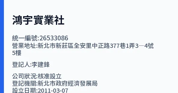 鴻宇實業社的照片-統編 26533086(新北市) 公司登記資料與營業項目詳細圖表
