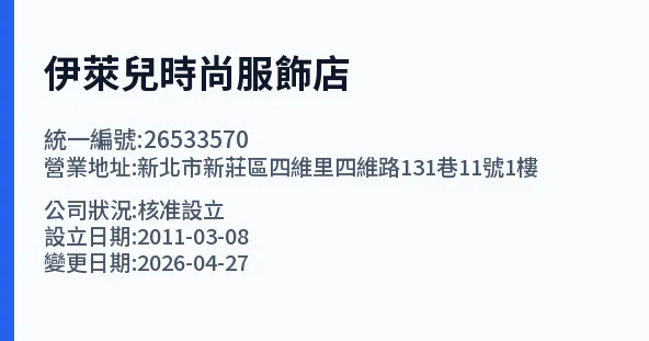 伊萊兒時尚服飾店的照片-統編 26533570(新北市) 公司登記資料與營業項目詳細圖表