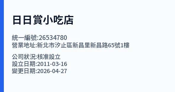 日日賞小吃店的照片-統編 26534780(新北市) 公司登記資料與營業項目詳細圖表