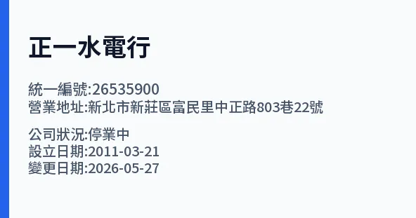 正一水電行的照片-統編 26535900(新北市) 公司登記資料與營業項目詳細圖表