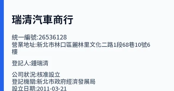 瑞清汽車商行的照片-統編 26536128(新北市) 公司登記資料與營業項目詳細圖表