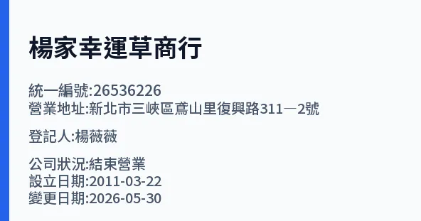 楊家幸運草商行的照片-統編 26536226(新北市) 公司登記資料與營業項目詳細圖表