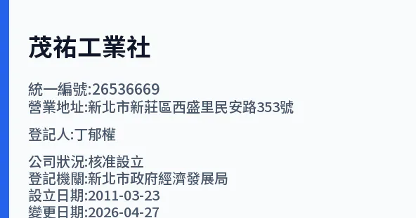茂祐工業社的照片-統編 26536669(新北市) 公司登記資料與營業項目詳細圖表