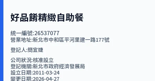 好品餚精緻自助餐的照片-統編 26537077(新北市) 公司登記資料與營業項目詳細圖表