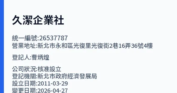 久潔企業社的照片-統編 26537787(新北市) 公司登記資料與營業項目詳細圖表