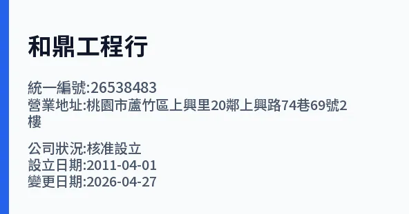 和鼎工程行的照片-統編 26538483(桃園市) 公司登記資料與營業項目詳細圖表