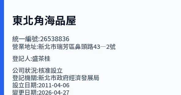 東北角海品屋的照片-統編 26538836(新北市) 公司登記資料與營業項目詳細圖表