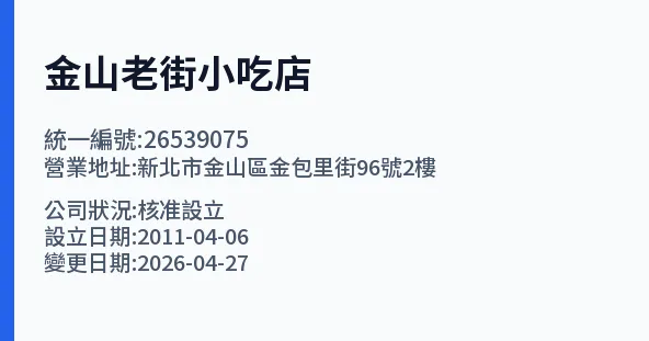 金山老街小吃店的照片-統編 26539075(新北市) 公司登記資料與營業項目詳細圖表