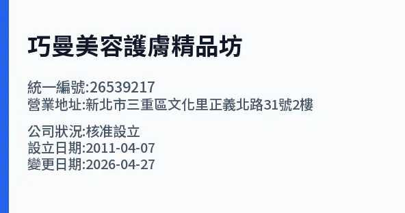 巧曼美容護膚精品坊的照片-統編 26539217(新北市) 公司登記資料與營業項目詳細圖表