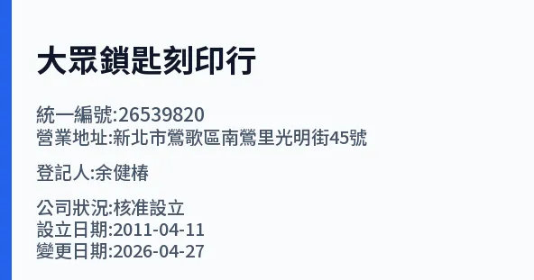 大眾鎖匙刻印行的照片-統編 26539820(新北市) 公司登記資料與營業項目詳細圖表