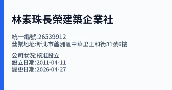 林素珠長榮建築企業社的照片-統編 26539912(新北市) 公司登記資料與營業項目詳細圖表