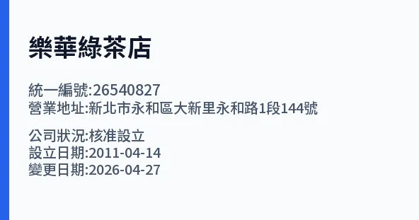 樂華綠茶店的照片-統編 26540827(新北市) 公司登記資料與營業項目詳細圖表