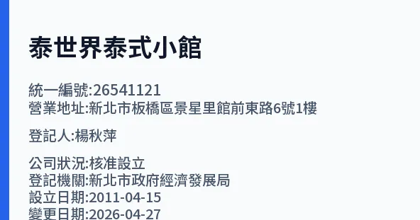 泰世界泰式小館的照片-統編 26541121(新北市) 公司登記資料與營業項目詳細圖表