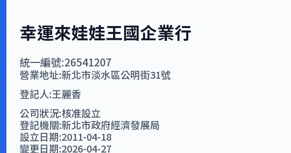 幸運來娃娃王國企業行的照片-統編 26541207(新北市) 公司登記資料與營業項目詳細圖表