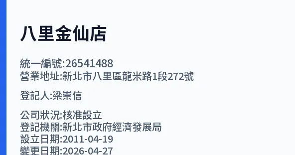八里金仙店的照片-統編 26541488(新北市) 公司登記資料與營業項目詳細圖表