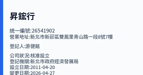 昇鋐行的照片-統編 26541902(新北市) 公司登記資料與營業項目詳細圖表