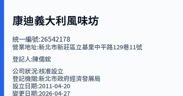 康迪義大利風味坊的照片-統編 26542178(新北市) 公司登記資料與營業項目詳細圖表