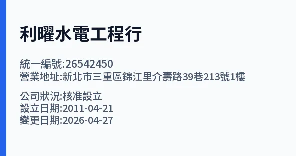 利曜水電工程行的照片-統編 26542450(新北市) 公司登記資料與營業項目詳細圖表