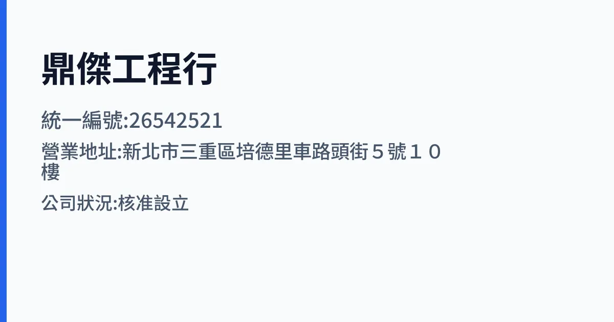 鼎傑工程行 - 統編 26542521(新北市) 公司登記資料與營業項目詳細圖表