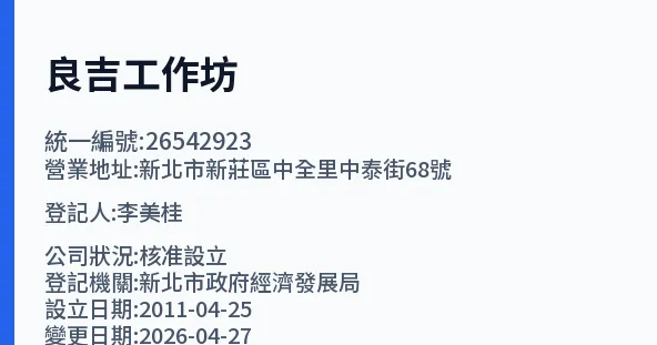 良吉工作坊的照片-統編 26542923(新北市) 公司登記資料與營業項目詳細圖表