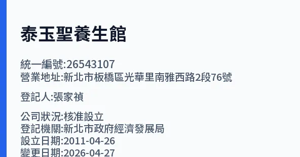 泰玉聖養生館的照片-統編 26543107(新北市) 公司登記資料與營業項目詳細圖表